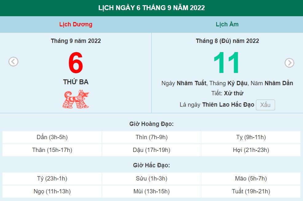 Lịch âm 6/9, xem lịch thứ Ba ngày 6 tháng 9 năm 2022 là ngày tốt hay xấu?